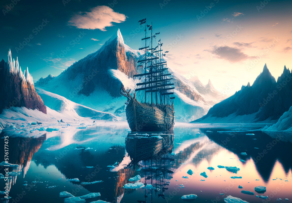 painting of a ship in the middle of a body of water, concept art with ...