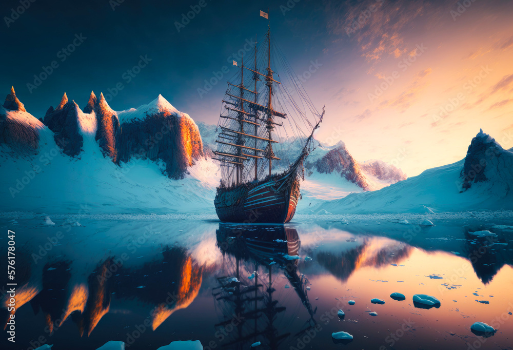 ship in a body of water with mountains in the background, concept art ...