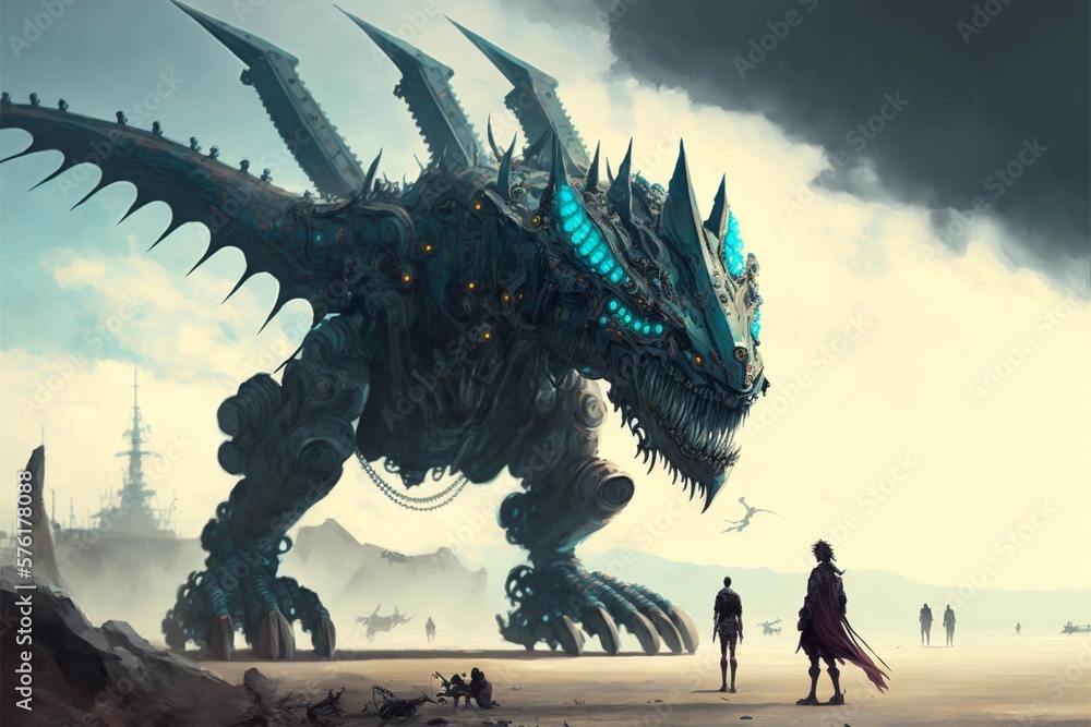 man standing next to a giant dragon on a beach. generative ai. Stock ...
