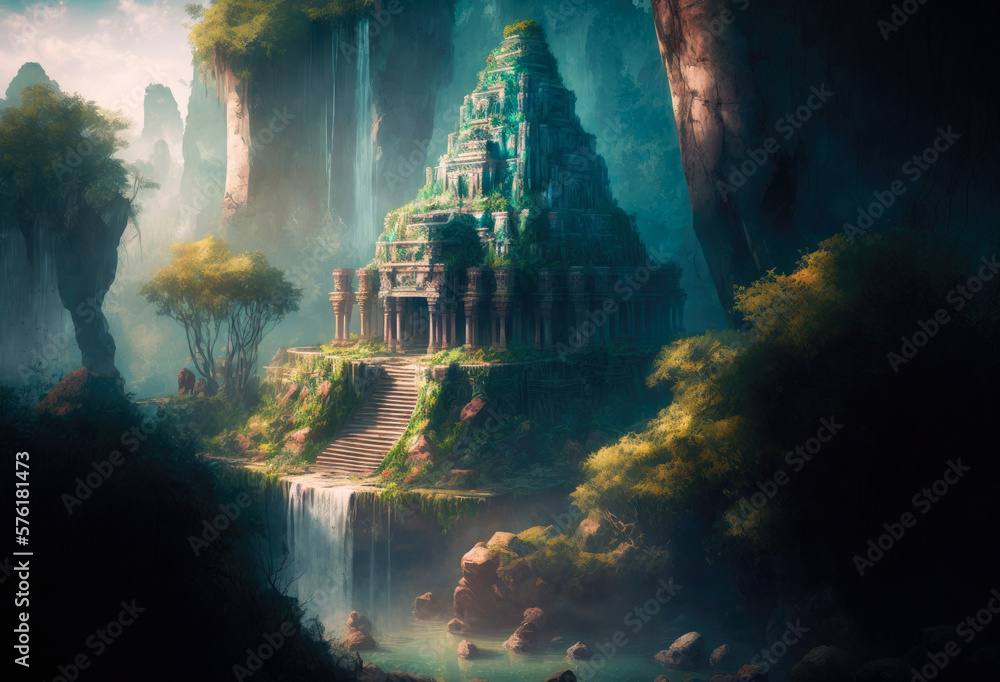painting of a castle in the middle of a forest, concept art with vivid ...