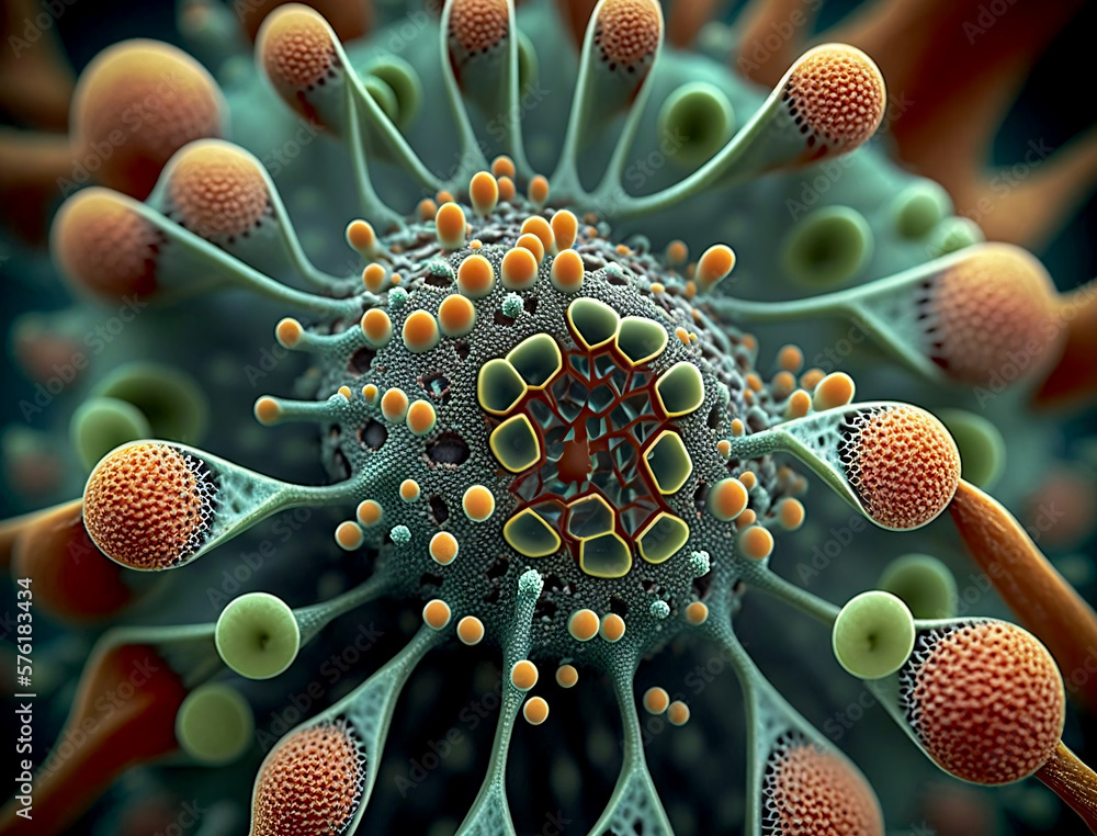 This close-up image under a microscope showcases the artistic beauty of a virus. Its intricate ...