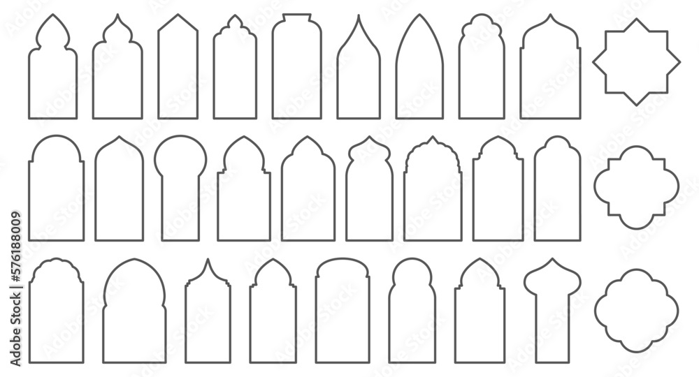 Islamic doors and arabian windows set. Mosque islamic frames. Muslim ...