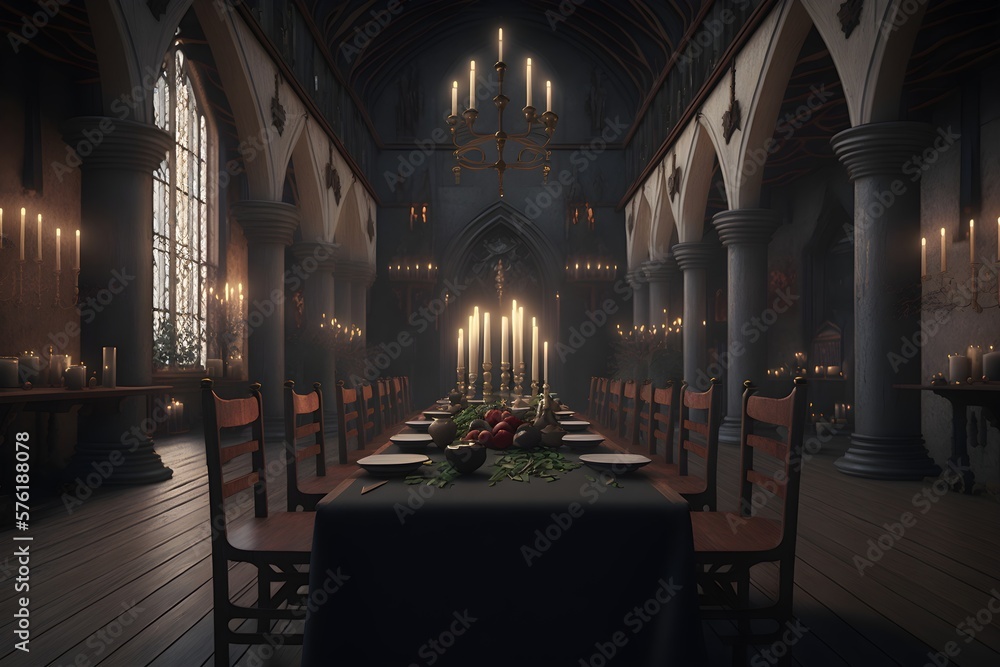 large table in banquet hall. luxurious and medieval fantasy interior ...