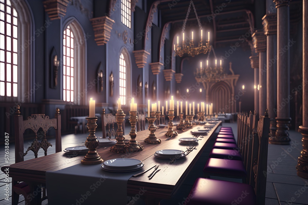 large table in banquet hall. luxurious and medieval fantasy interior ...