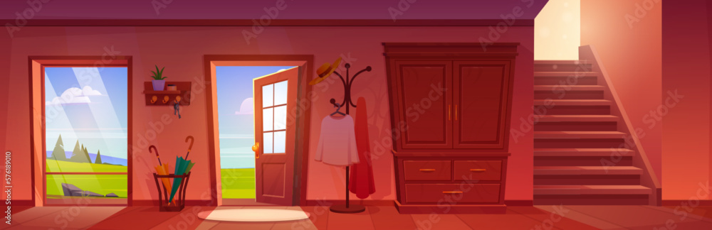 Hallway cartoon interior with stairs and open door in vector. Summer ...