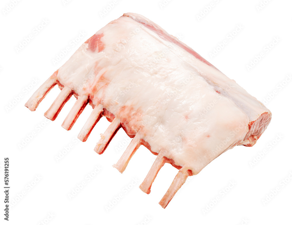 Australian lamb rack cutlets or Raw Frenched Rack 8 Ribs on white ...