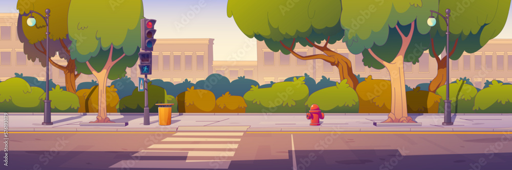 City street road with traffic lights, sidewalk and pedestrian crosswalk ...