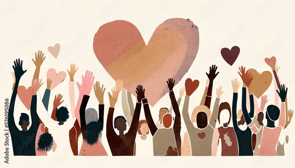 Group of multicultural people with arms and hands raised towards a hand ...