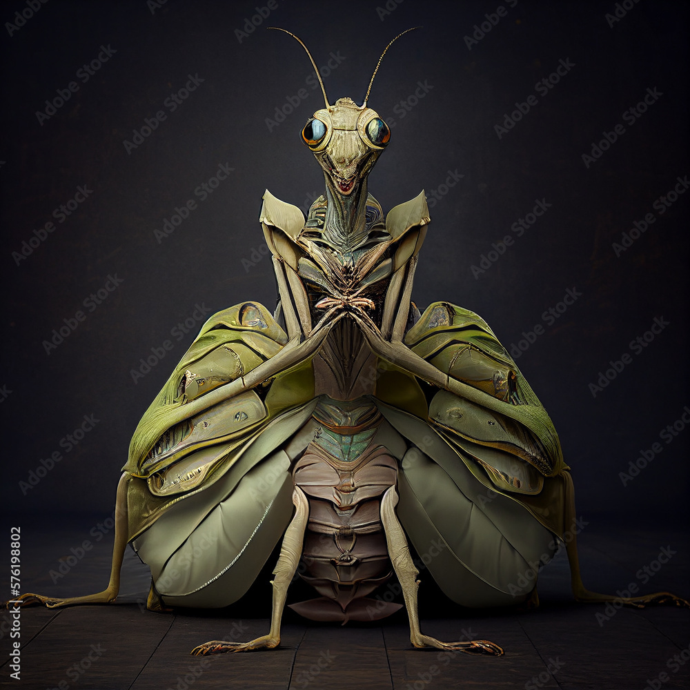 Realistic lifelike glam praying mantis insect in black tie cocktail ...