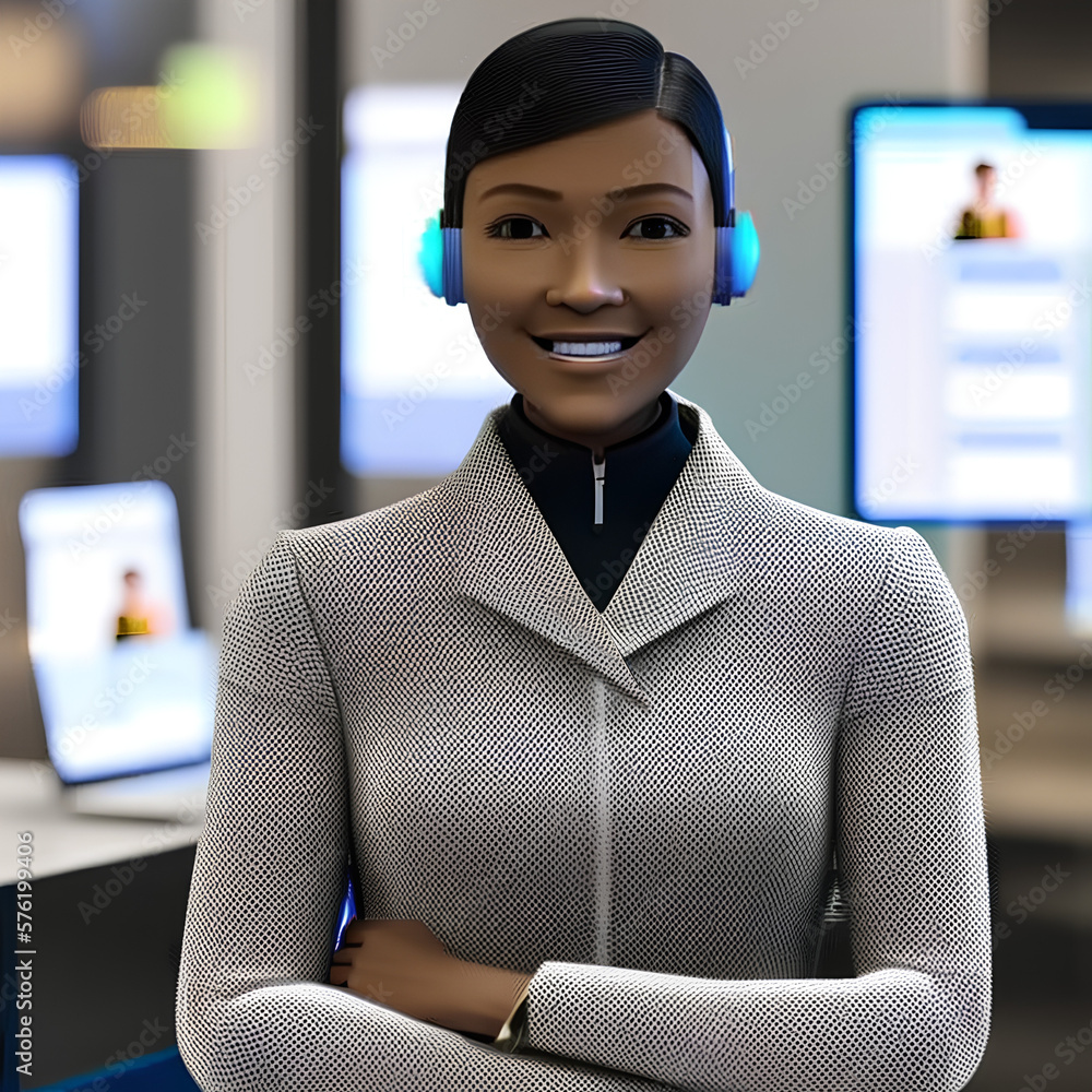 Human-like humanoid Customer Support Agent AI robot wearing head phone ...