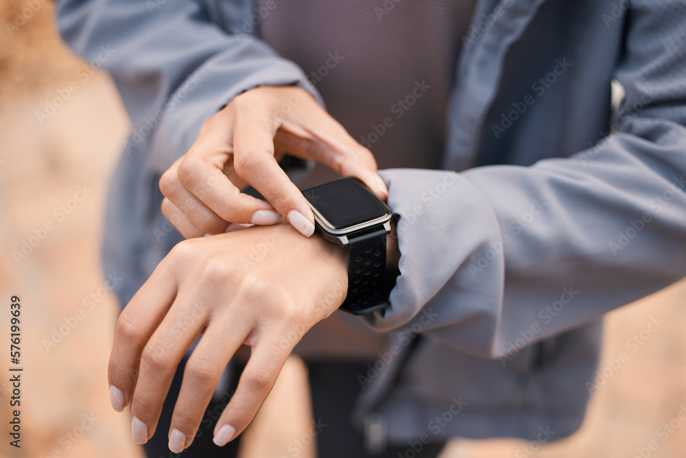 Fitness, hands and smartwatch screen in nature to track health ...
