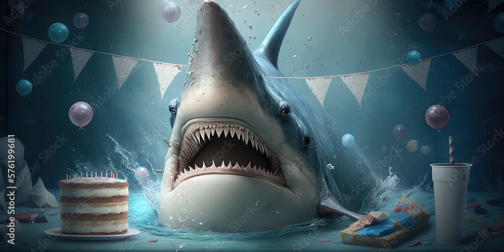 portrait of a white shark at his birthday party with party hat and has ...