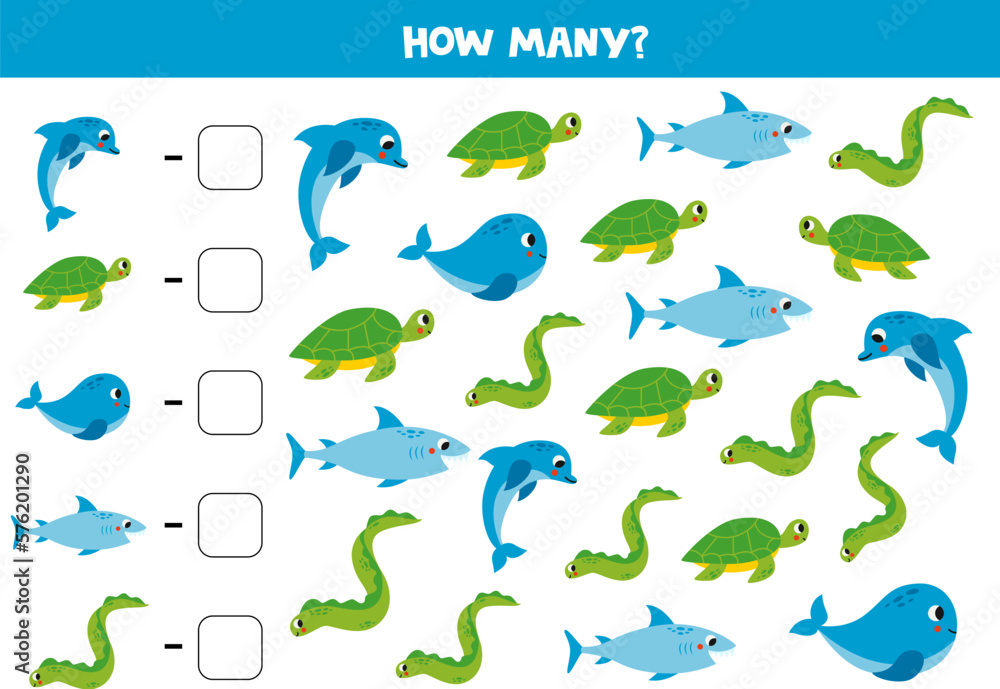 Counting game with cartoon sea animals. Math worksheet. Stock Vector ...