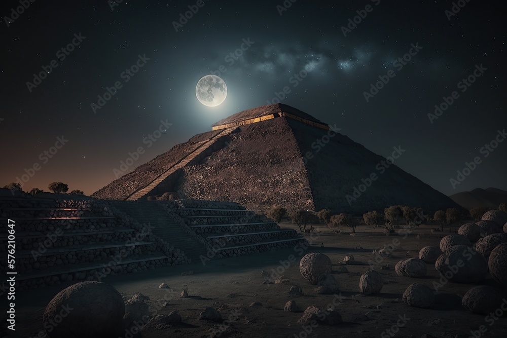 Pyramid of Sun in Teotihuacan at night, fantasy view of ancient ruins ...