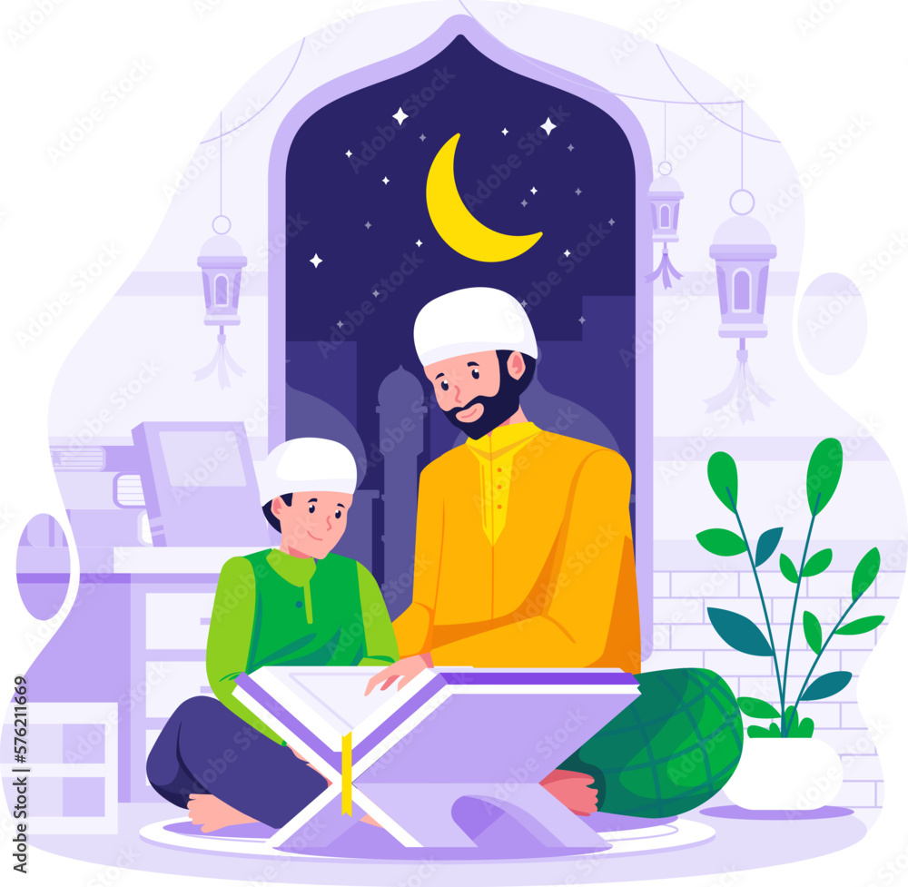 A Muslim father teaches his son to read Quran. Muslim people read Quran ...