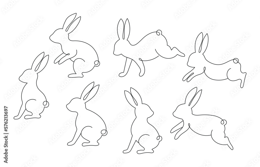 Simple Bunny Drawing Vector Illustration, Single Line Bunnies set ...