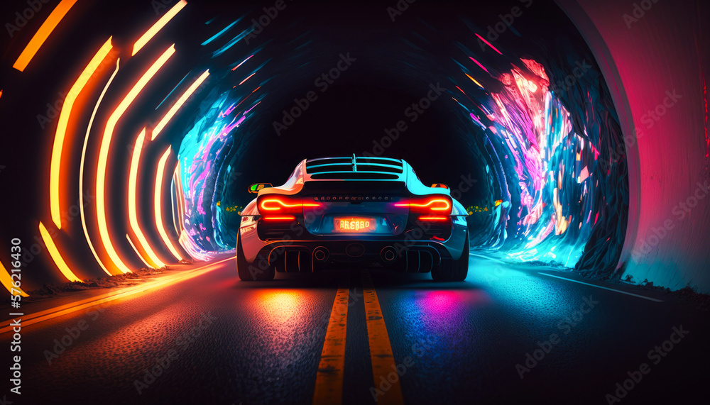 car driving through a tunnel with neon lights, futuristic concept with ...