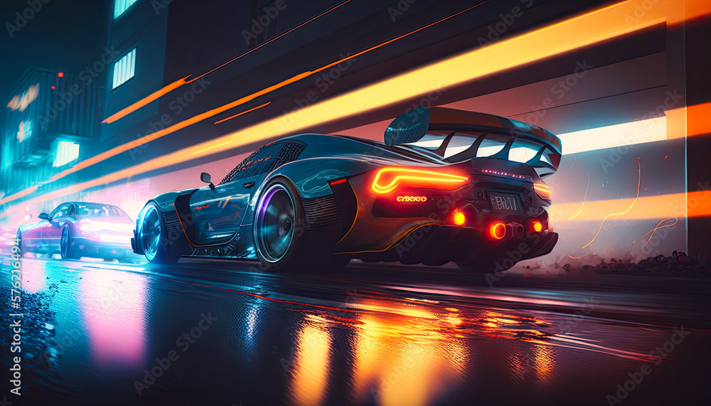 car driving down a city street at night, futuristic concept with neon ...