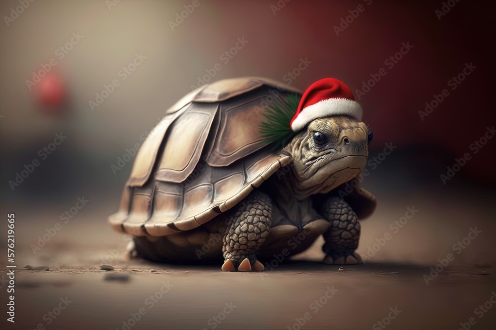 New year Little cute turtle in a Christmas hat on a dark background ...