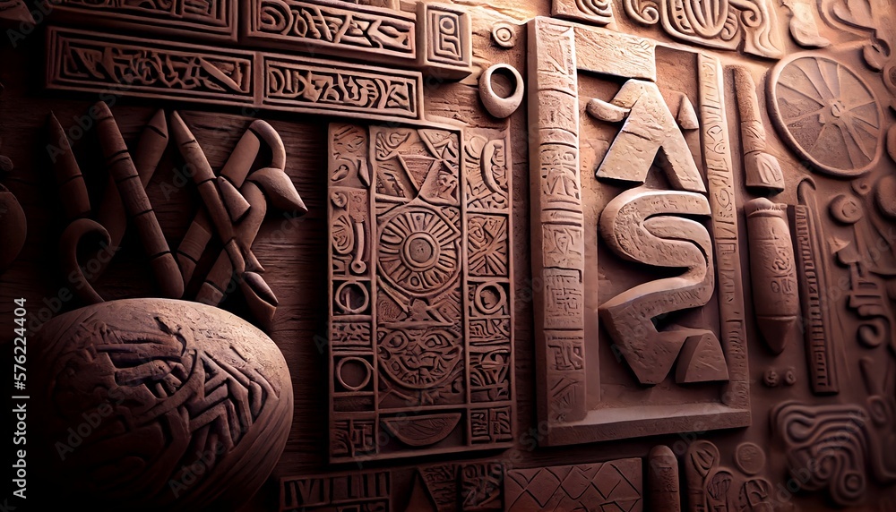 A sandstone texture with intricate carved symbols and hieroglyphs ...