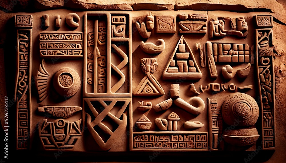 A sandstone texture with intricate carved symbols and hieroglyphs ...
