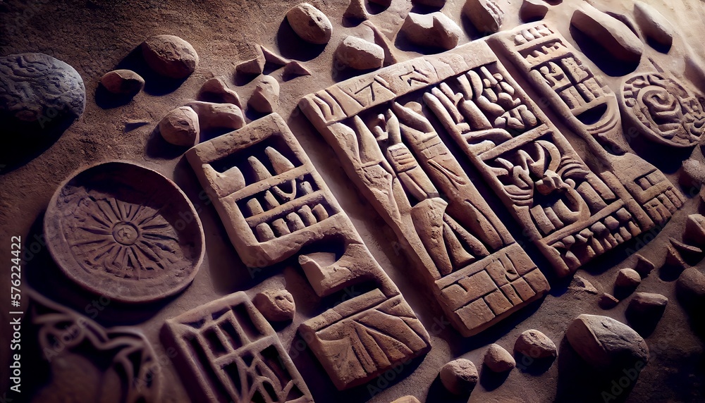 A sandstone texture with intricate carved symbols and hieroglyphs ...