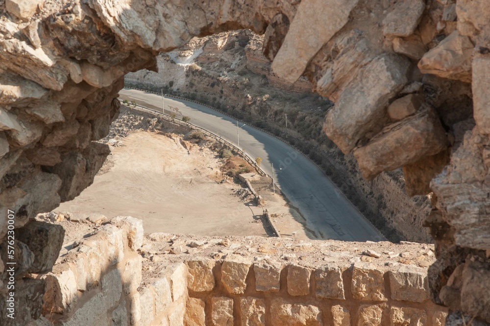 Jordan. Crusader castle El-Karak. Arches of windows in fortress wall ...