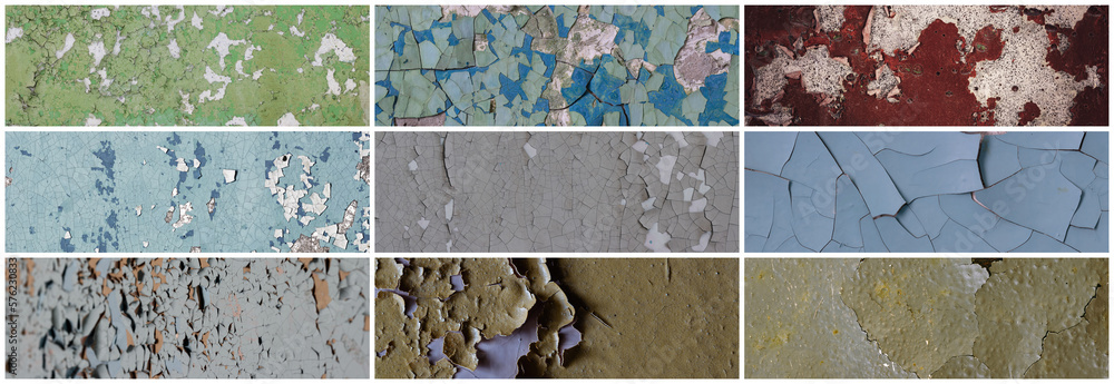 Set of peeling paint textures. Old concrete walls with cracked flaking ...