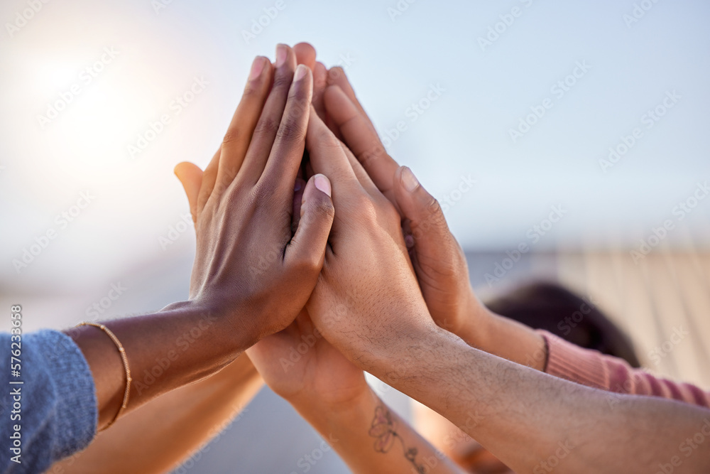 Hands, high five and people in support, teamwork and solidarity of success, agreement goal and ...