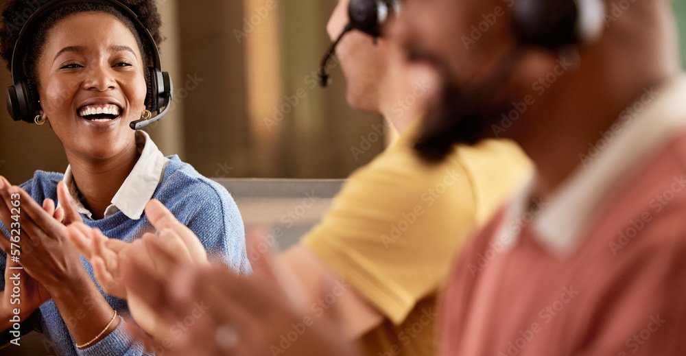 Congratulations, support and call center employees with an applause for ...