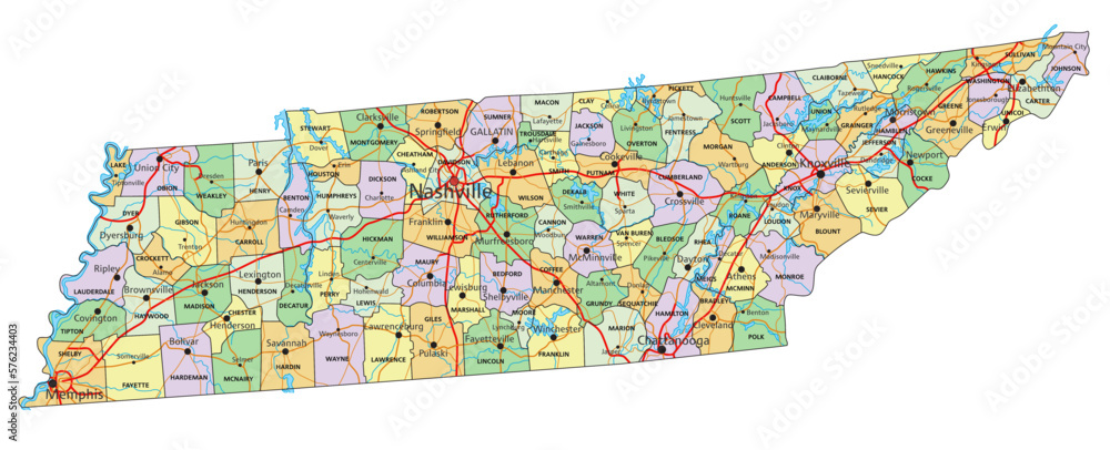 Tennessee - Highly detailed editable political map with labeling. Stock ...