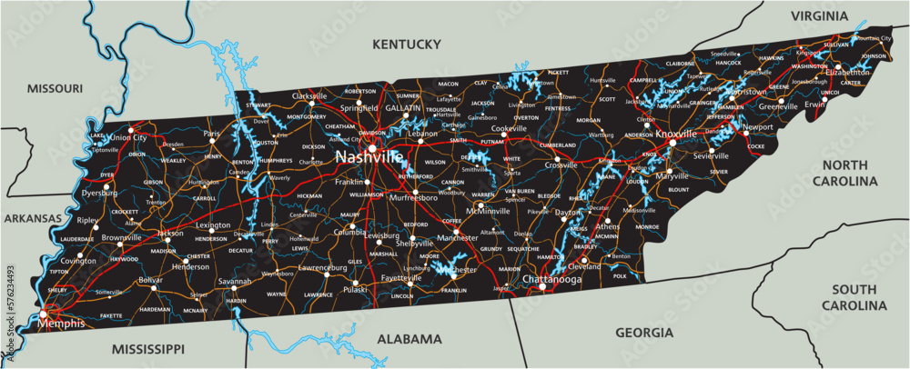 High detailed Tennessee road map with labeling. Stock Vector | Adobe Stock