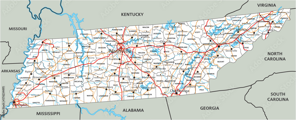 High Detailed Tennessee Road Map With Labeling Stock Vector Adobe Stock