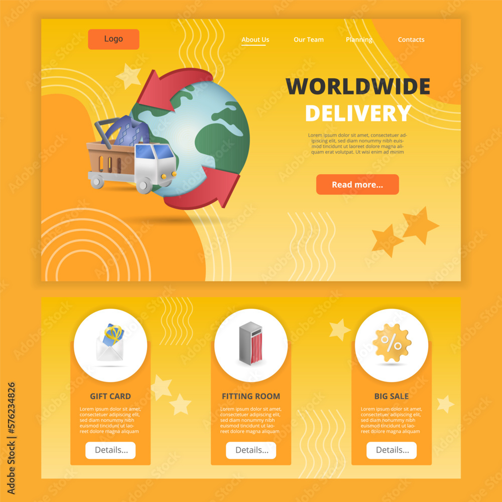 Worldwide delivery flat landing page website template. Gift card ...