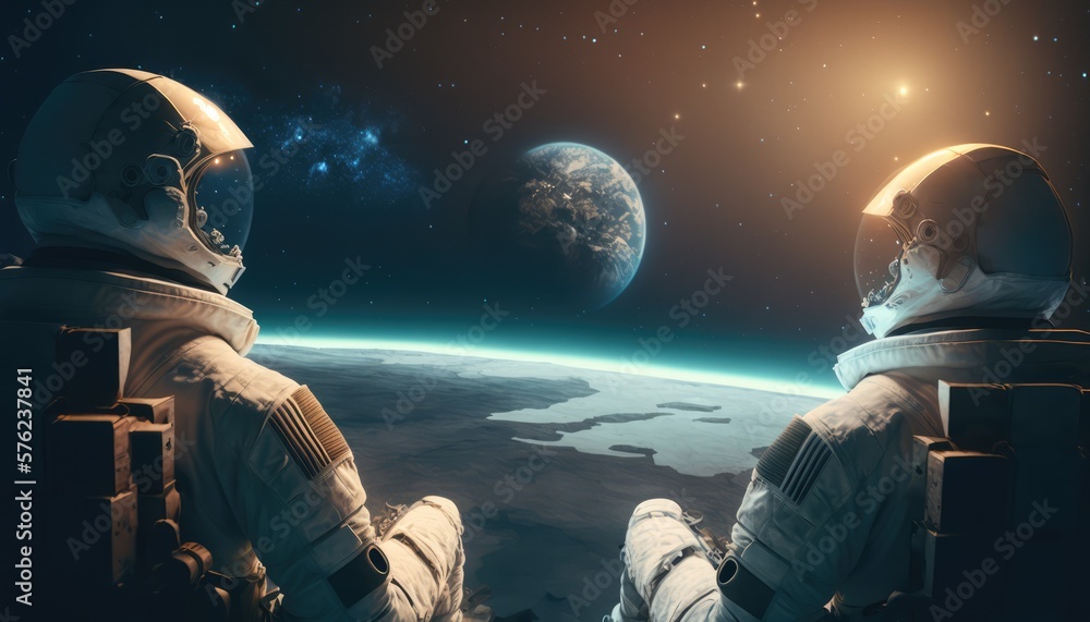 Astronaut and astronauts exploring planets in outer space, made with ...