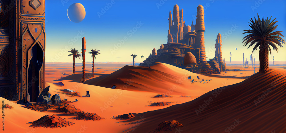 Old school pc gaming concept. Desert scene in pixel art retro style. 2D ...