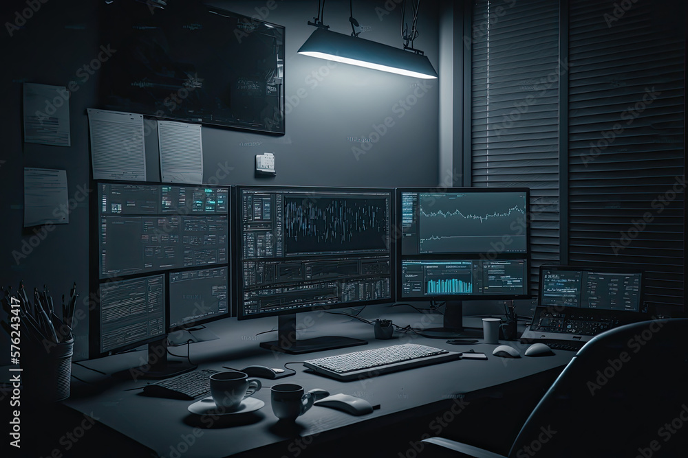 Dark room with many screens as a trading setup with charts on the ... Dark room with many screens as a trading setup with charts on the ...