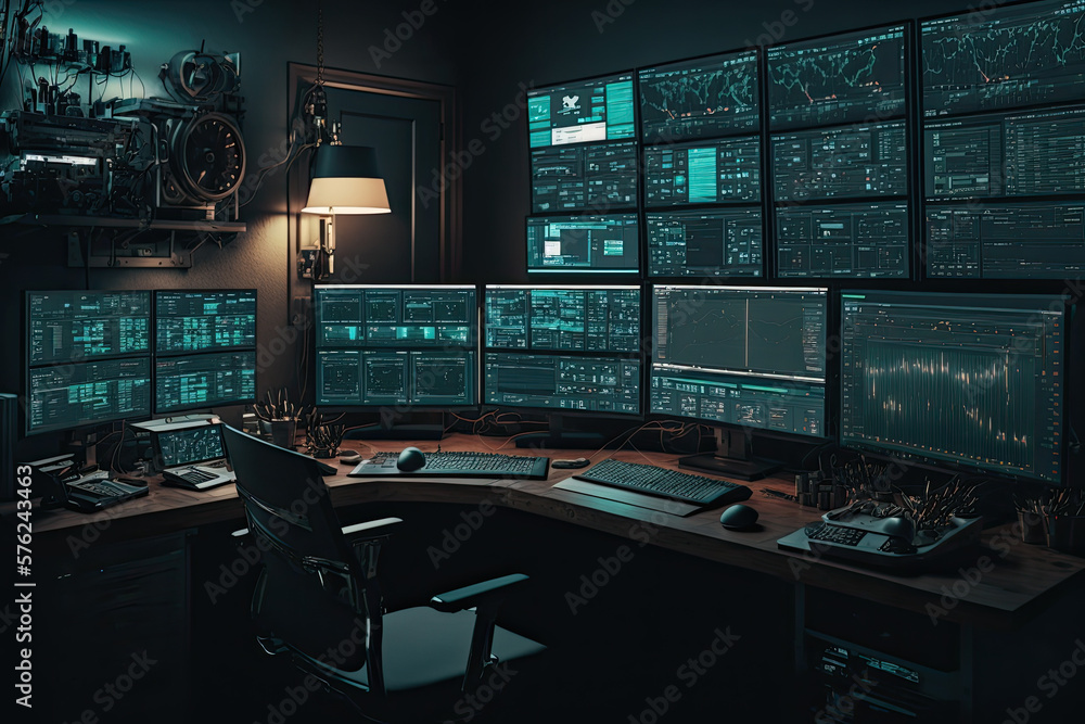 Dark room with many screens as a trading setup with charts on the ... Dark room with many screens as a trading setup with charts on the ...