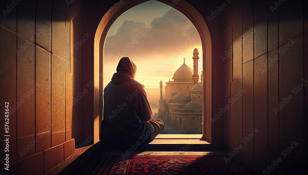 Reflection and Serenity: Back View of a Muslim Man Gazing Out from a ...