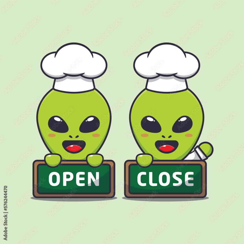 Cute chef alien with open and close sign board cartoon vector ...