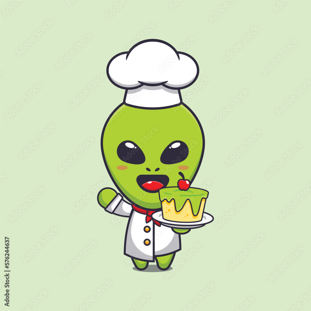 Cute chef alien with cake cartoon vector illustration. Stock Vector ...