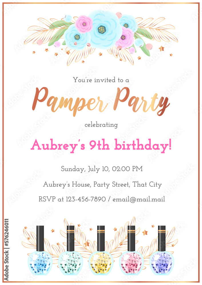 Pamper birthday party invitation template. Cartoon illustration of five ...