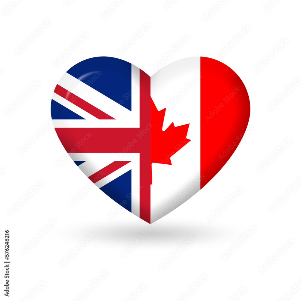 UK and Canada heart flags. 3d icon. British and Canadian national ...