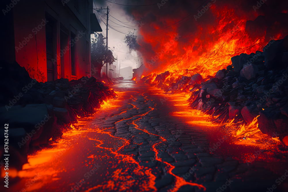 Large scale volcanic eruption lava flows through the streets ...