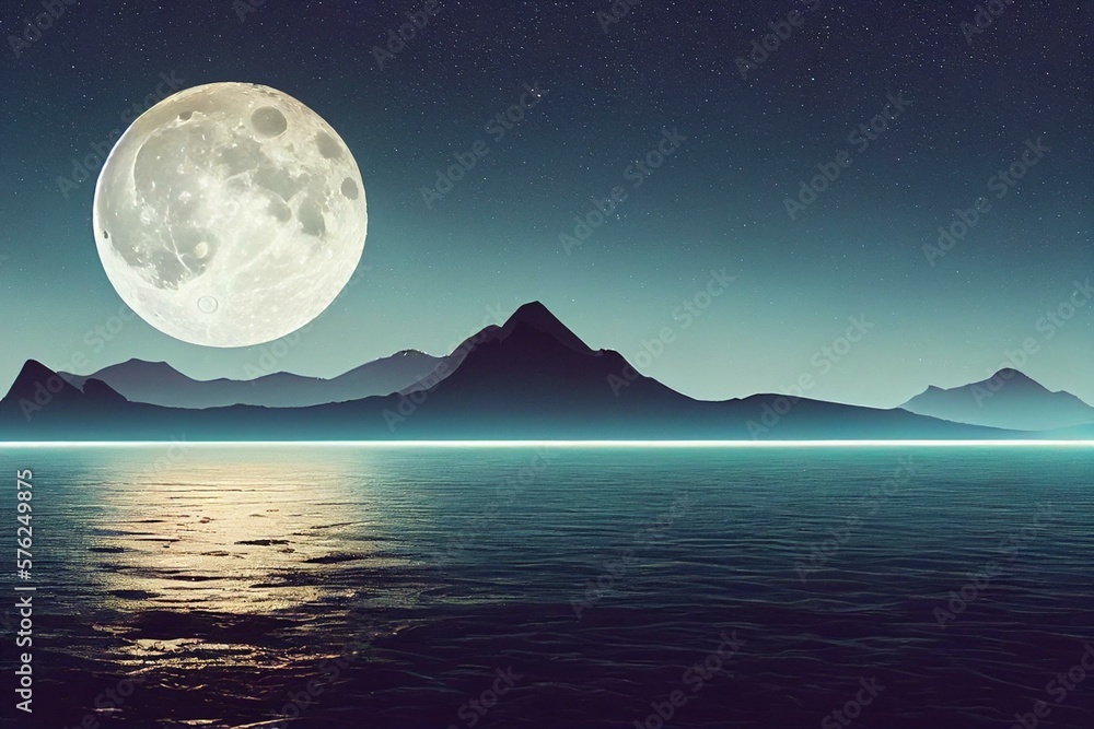 a full moon is seen over the ocean at night time with a star in the sky ...