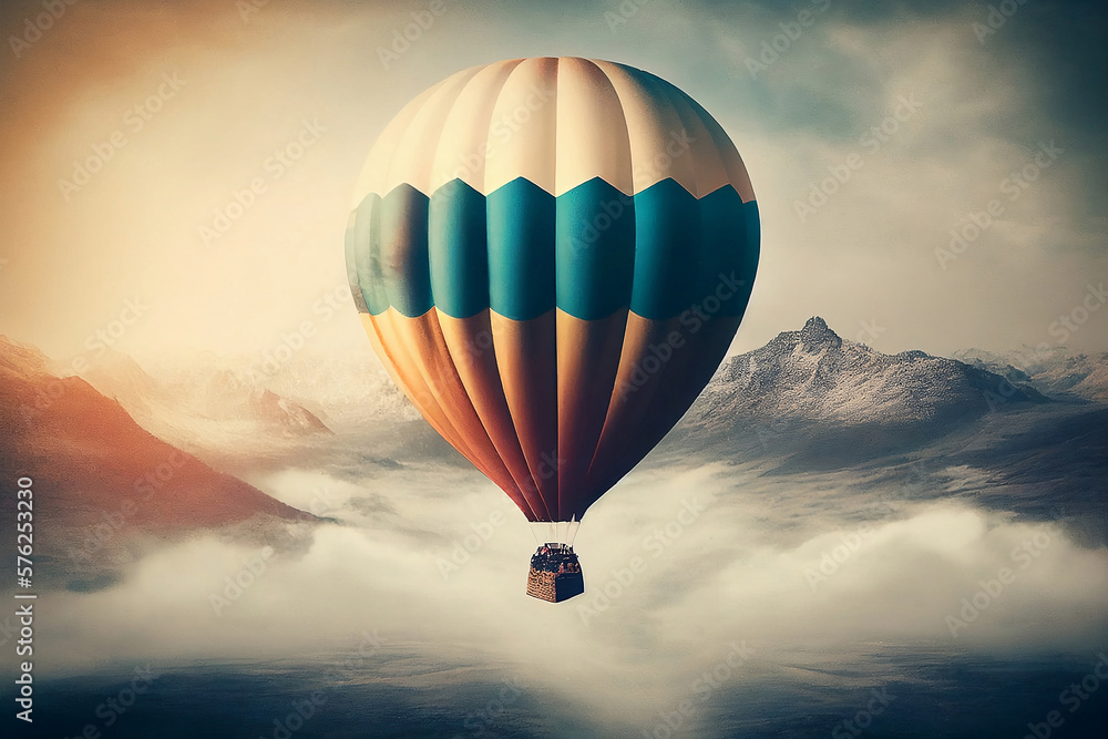 Hot air balloon on sky with fog, vintage and retro instagram filter ...
