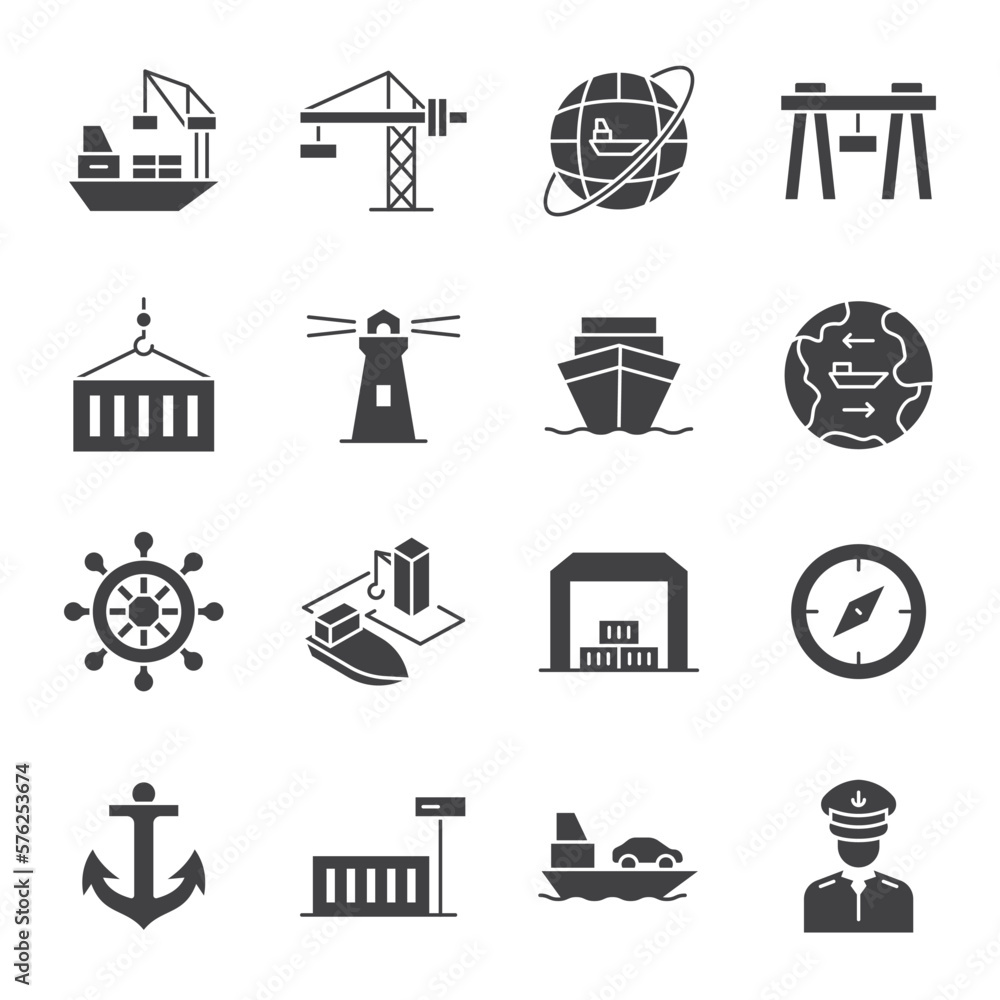 Seaport, icon set. Equipment for the shipping industry. Marine port and ...