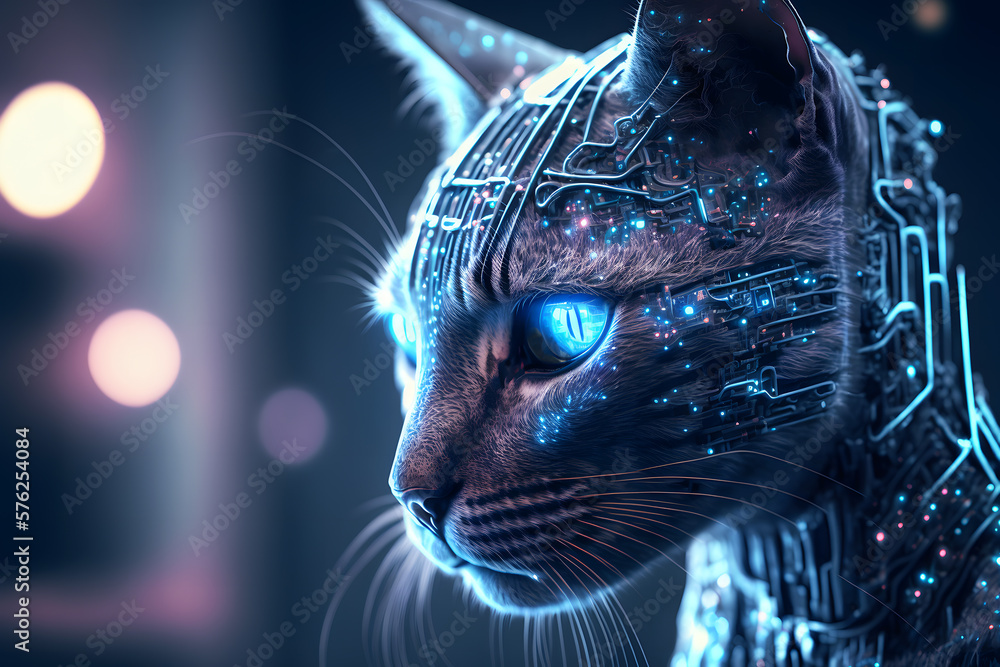 Portrait of a futuristic robot cat. An artistic abstract cyberpunk ...