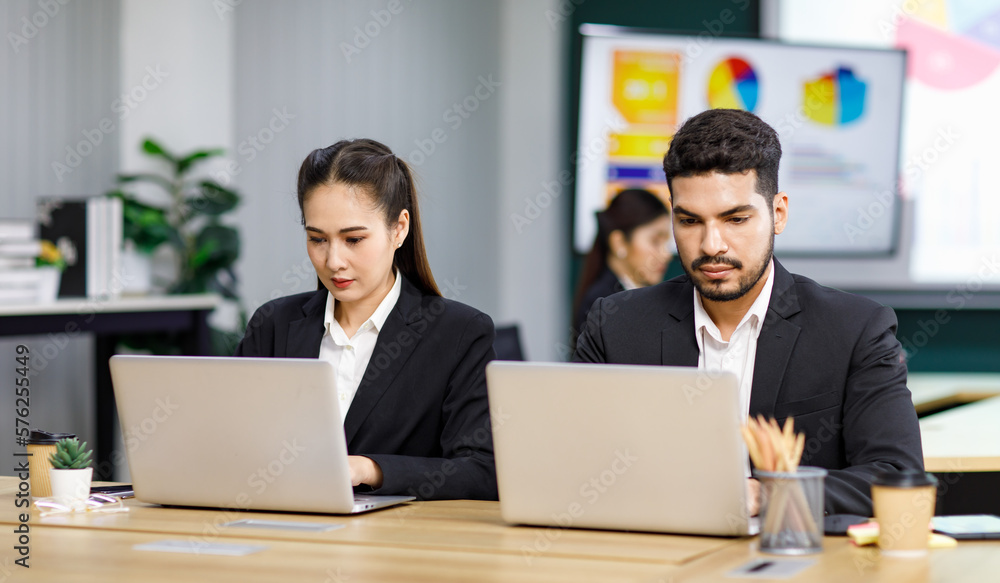 Millennial Asian Indian professional bearded male businessman female businesswoman employee ...