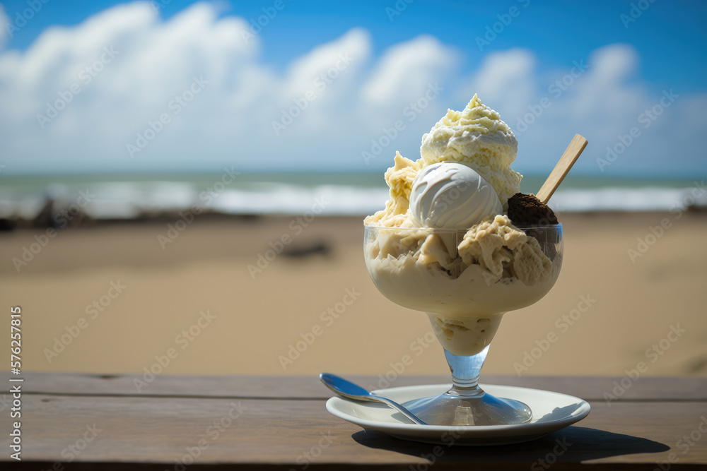 Ice cream sundae on a wood table in a beach made with Generative AI ...
